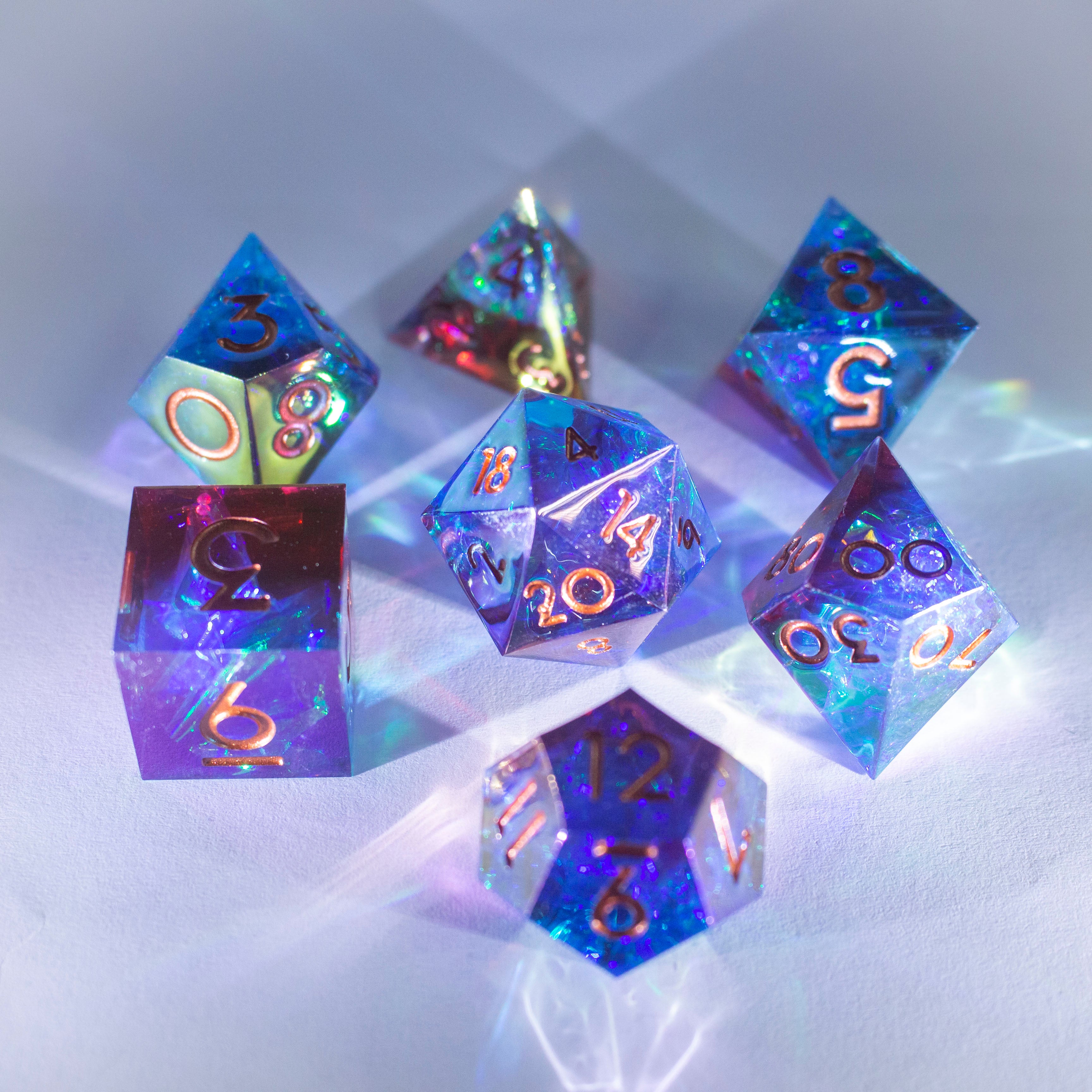 Dice Set 7 Translucent Red & Blue with Rainbow Iridescent Plating Shar ...