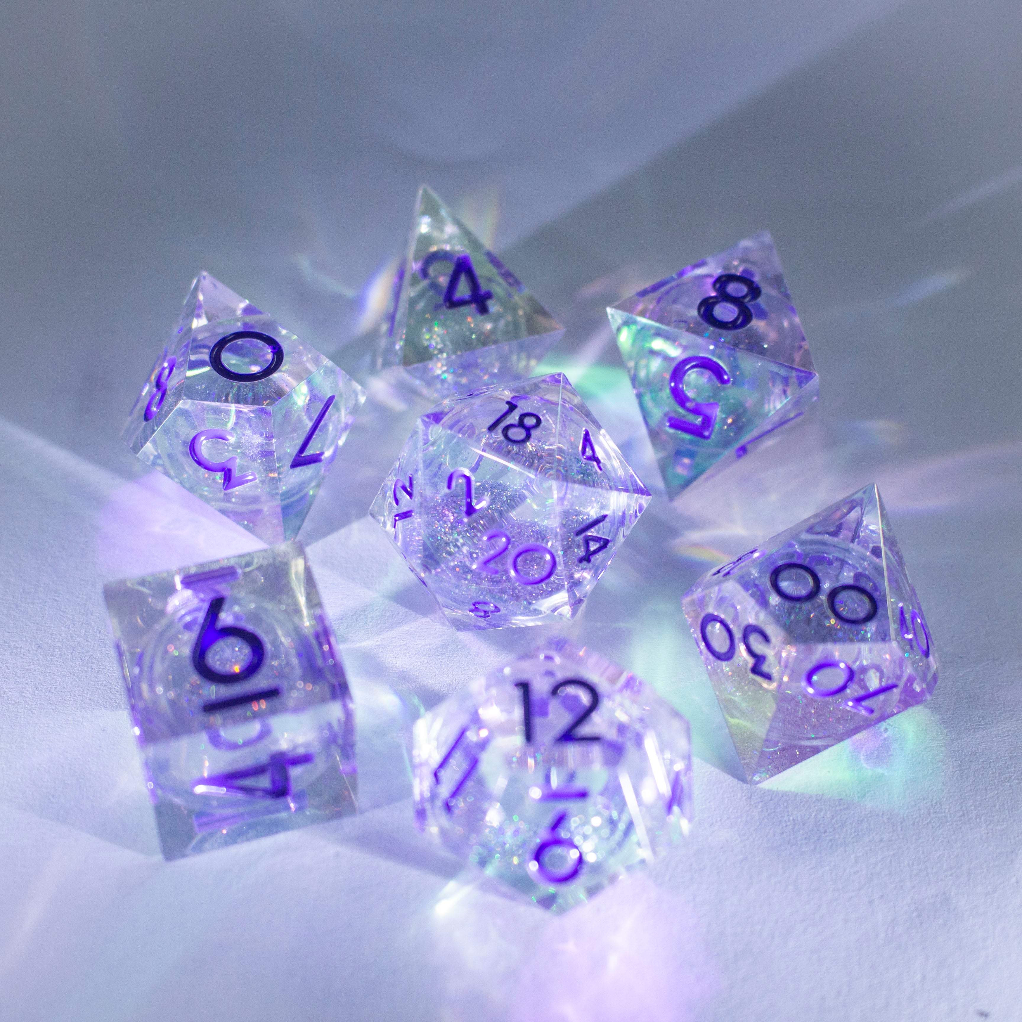 7 Piece Translucent Shiny White Liquid Core Dice Sharp Edges & Green ...