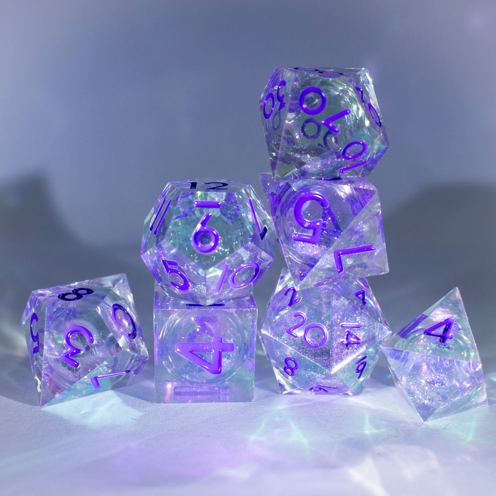 7 Piece Translucent Shiny White Liquid Core Dice Sharp Edges & Green ...