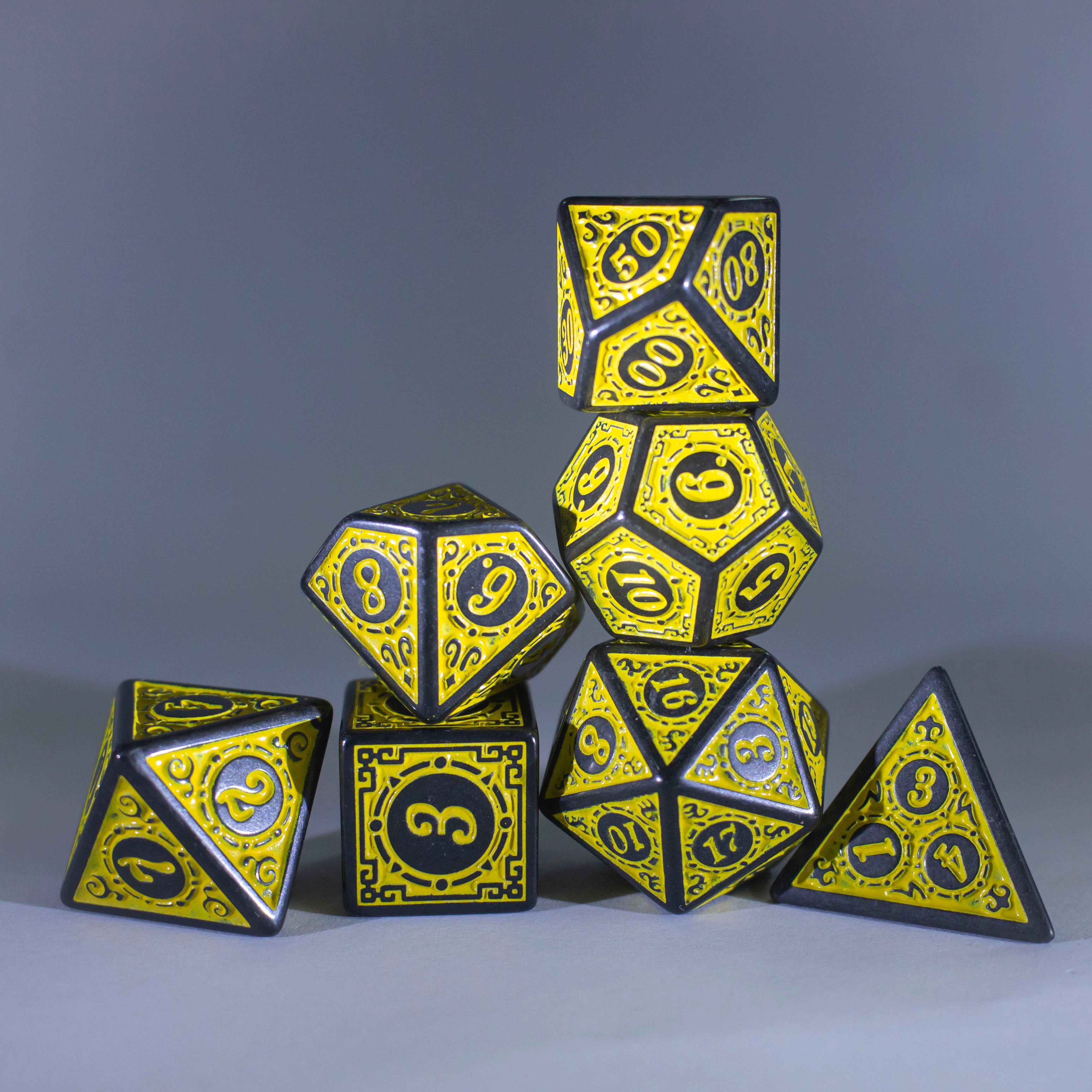 Dice Set Runic Polyhedral Acrylic Die 7pcs-Yellow & Green Gate Hobbies