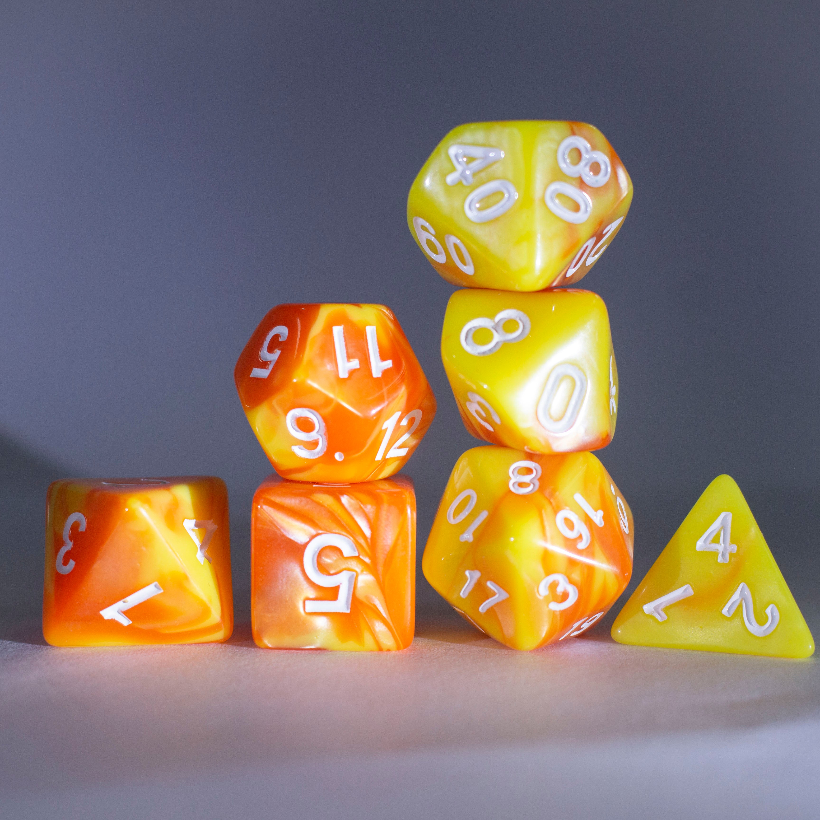 Dice Set Orange & Yellow with White Number & Green Gate Hobbies