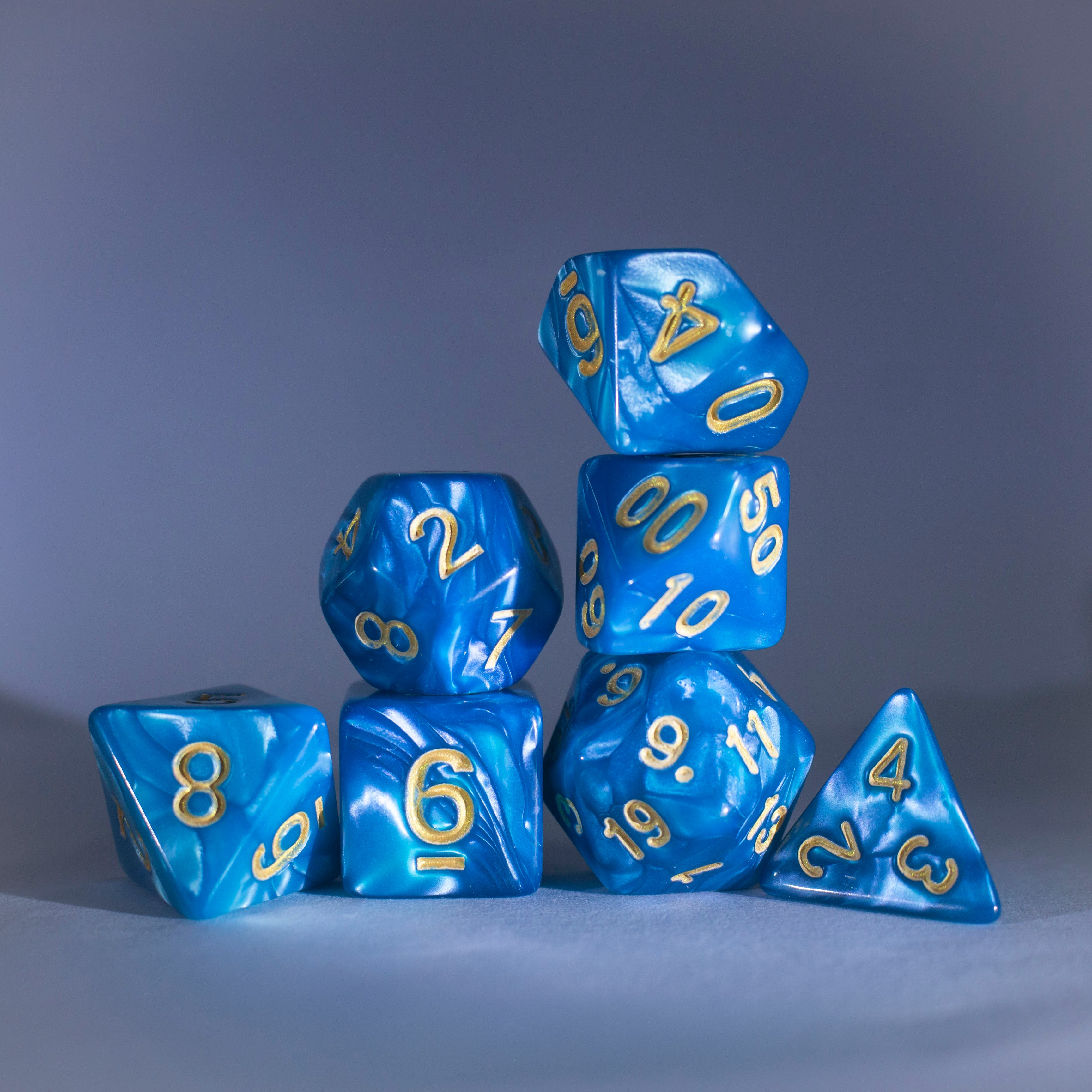 Dice Set Blue with Gold Number & Green Gate Hobbies